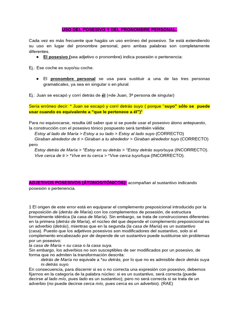 Ejercicios Posesivos Pronombre Personal | PDF | Pronombre | Adjetivo