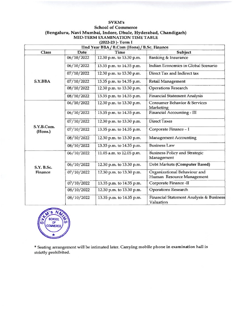Campus - Mid Term Examination Time Table For SY - BBA BCOM BSC (2022 23) | PDF