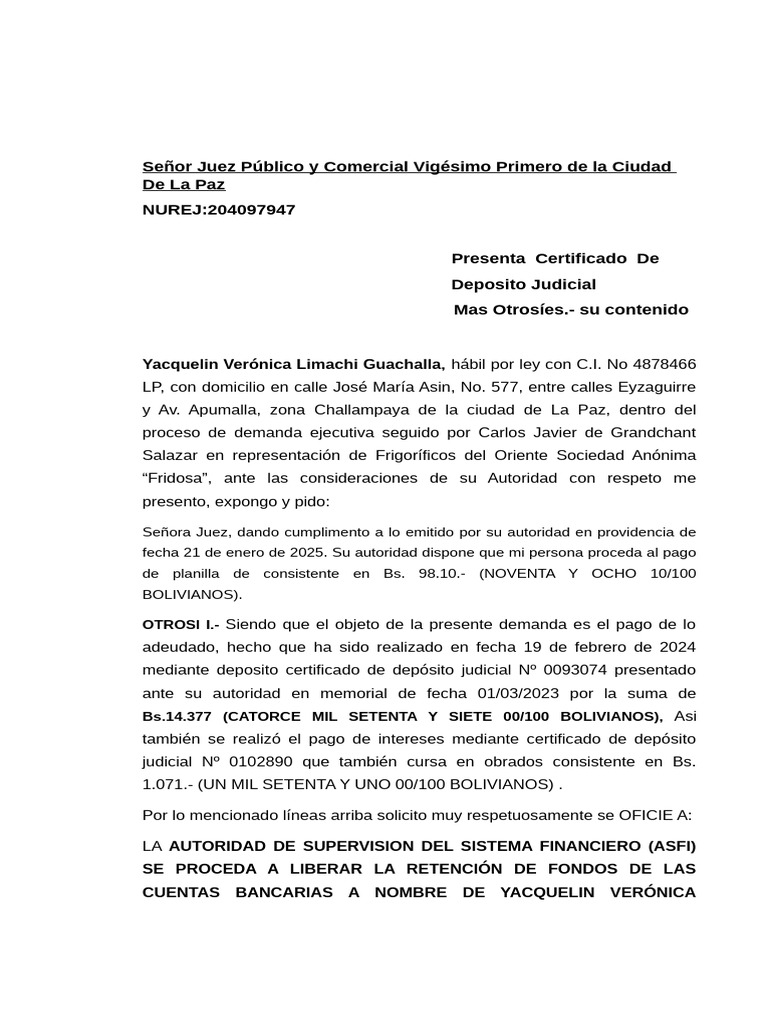 Solicito Liberacion de Fondos | PDF