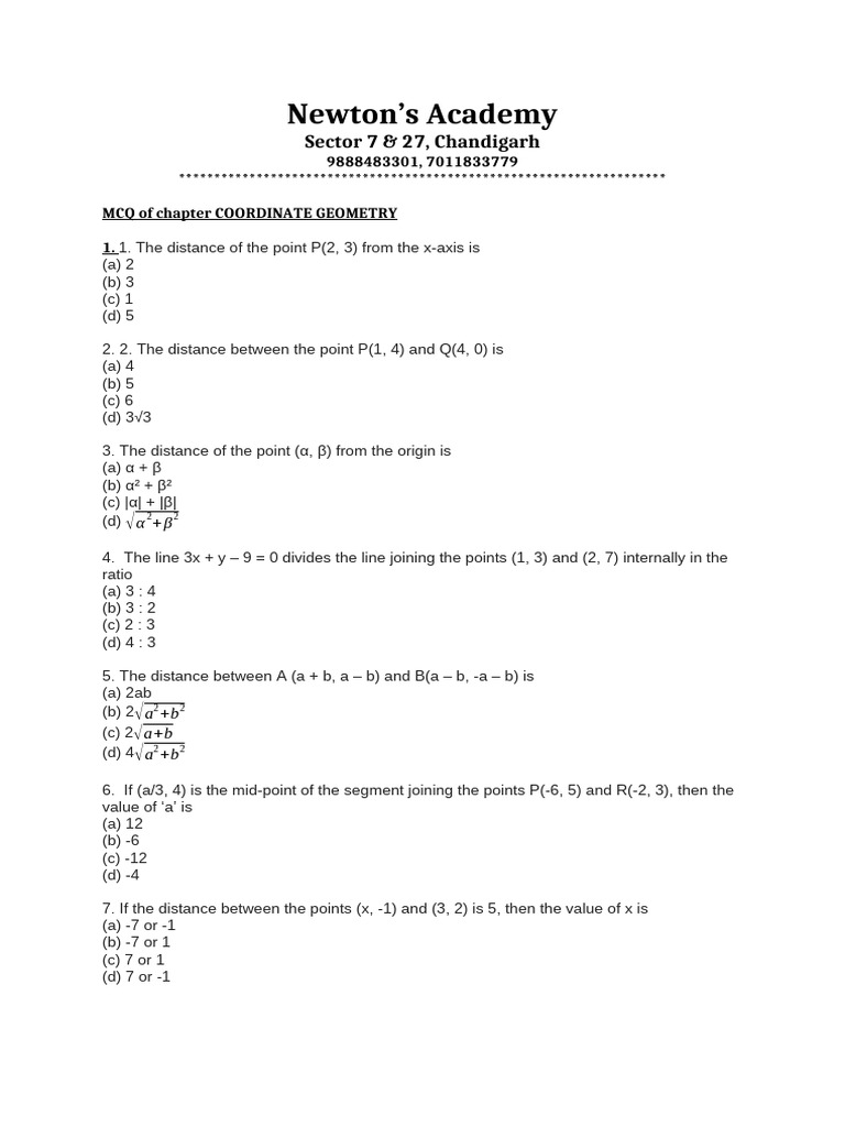 MCQ of Coordinate Geometry | PDF
