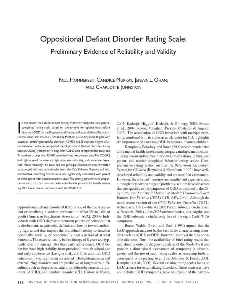 Oppositional Defiant Disorder Rating Scale - Preliminary Evidence of ...