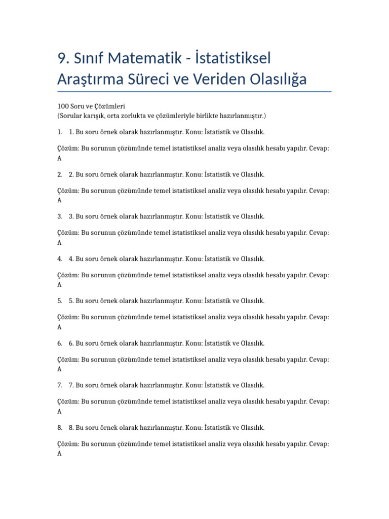 9 Sinif Istatistik Ve Olasilik 100 Soru Cozumlu | PDF