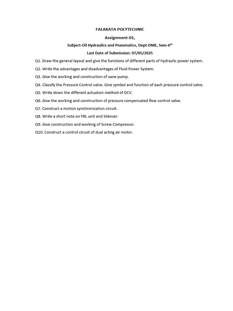 Assignment Oil Hydraulics and Pneumatics 2025 | PDF