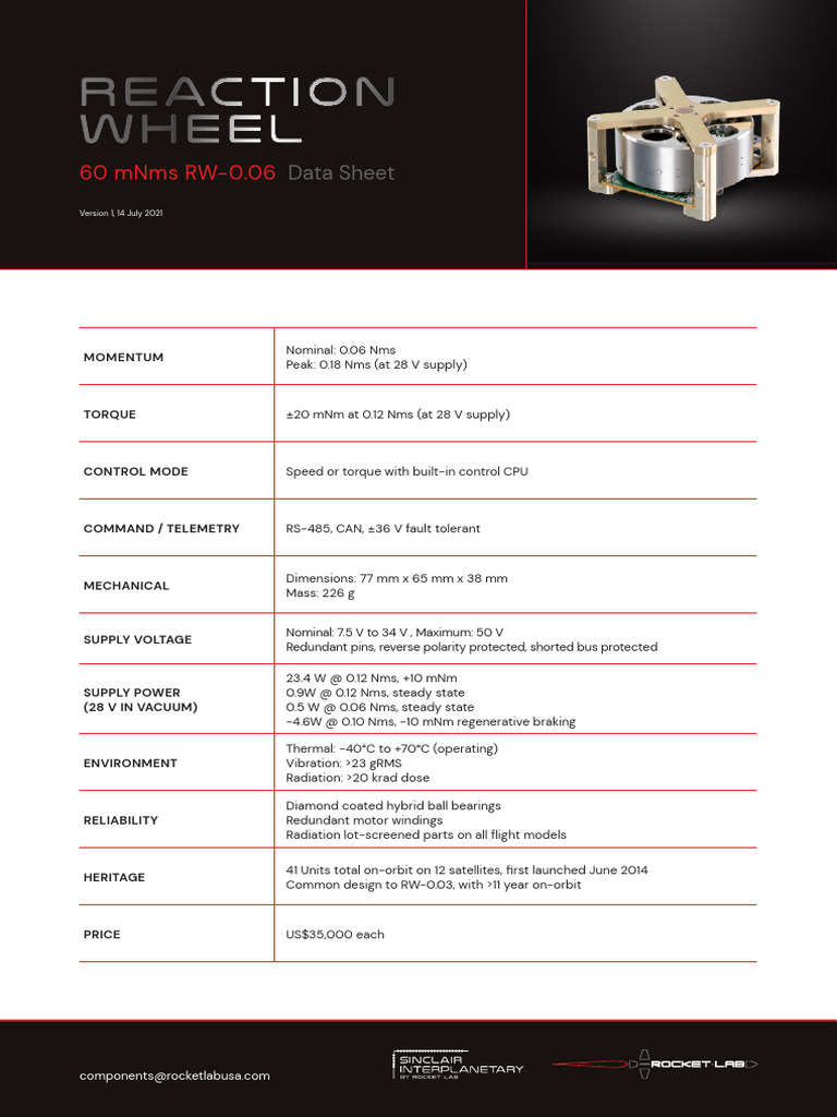 Satsearch Datasheet Tak6mn Rocketlab 60 Mnms RW | PDF