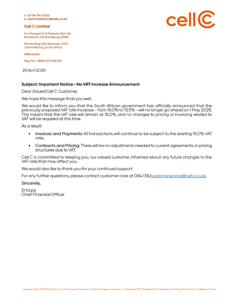 Reversal of Vat Letter To Customers 29april 2025 | PDF