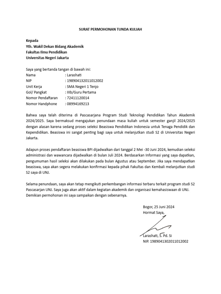 Surat Permohonan Tunda Kuliah S2 | PDF