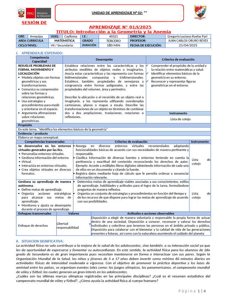 Unidad 2 Semana N°1 Sesion N°1 | PDF | Aprendizaje | Geometría