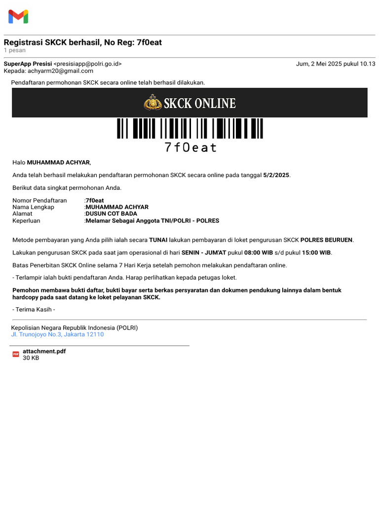 Gmail - Registrasi SKCK Berhasil, No Reg - 7f0eat | PDF