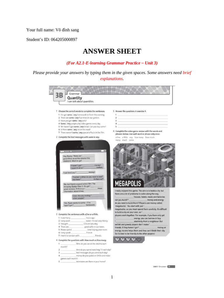 A2.1-E-learning Grammar Practice - Unit 3 (Answer Sheet) | PDF
