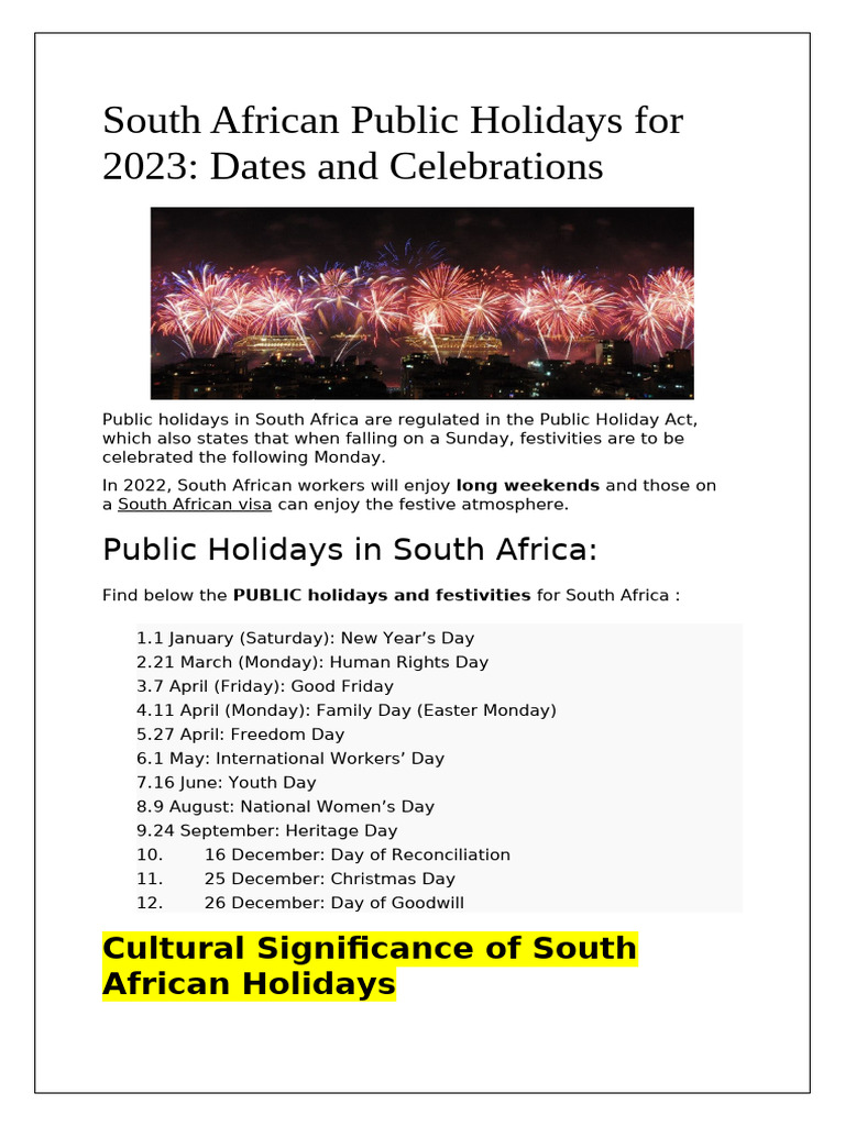 South African Public Holidays For 2023 | PDF | South Africa | Observances