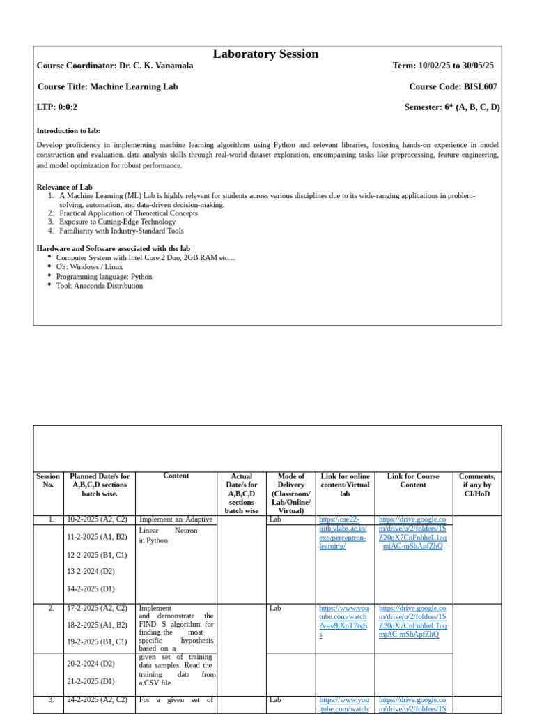 ML Laboratory Lesson Plan-BISL607 | PDF | Machine Learning ...