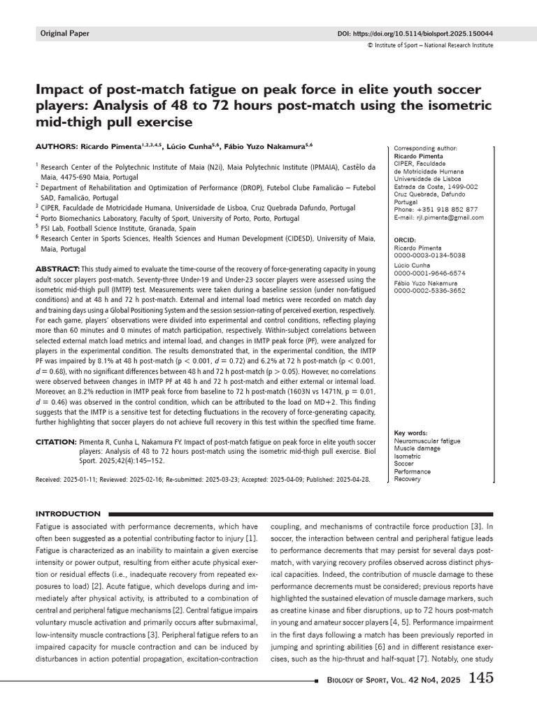 Fsi Lab Article Post Match Fatigue Recovery 2 | PDF | Skeletal Muscle ...