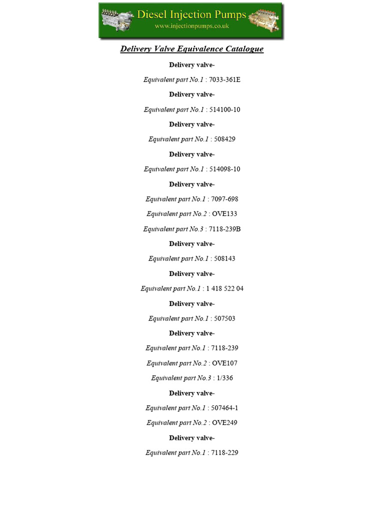 Delivery Valve Equivalent Parts List | PDF