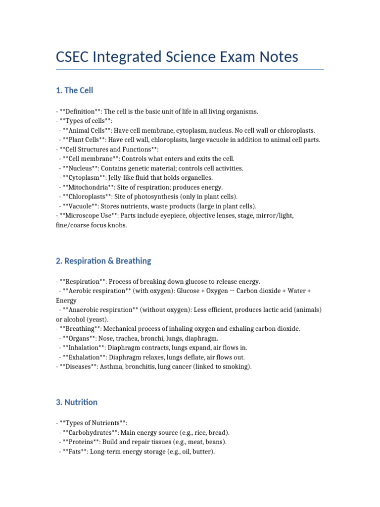 CSEC Integrated Science Notes-1 | PDF | Cell (Biology) | Cellular ...