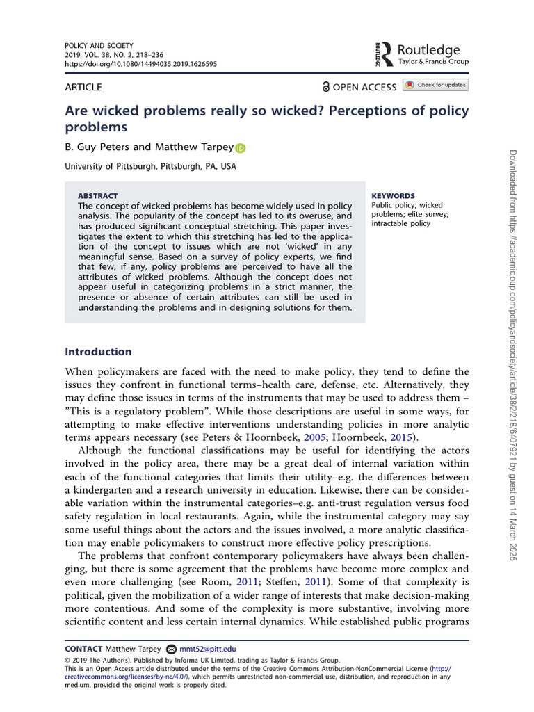 Are Wicked Problems Really So Wicked Perceptions of Policy Problems ...