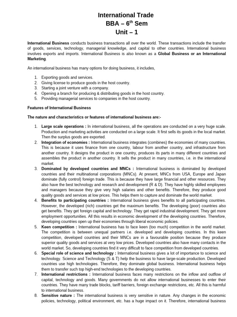 International Trade Unit 1 | PDF | Free Trade | Protectionism