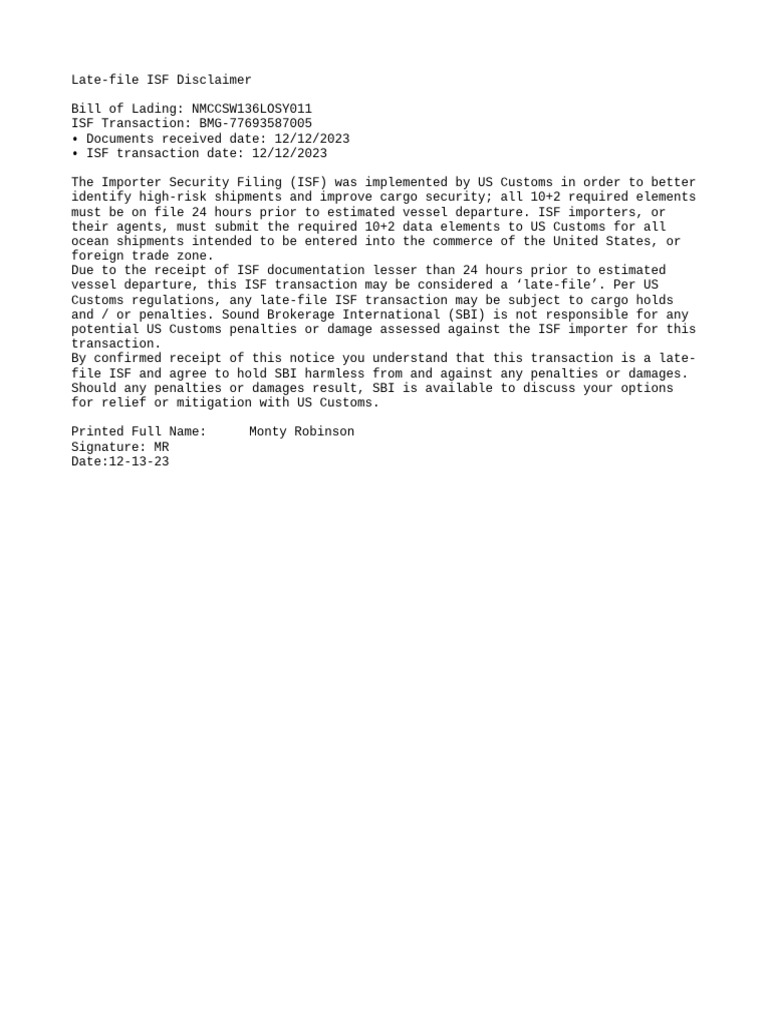 Late File ISF Robinson | PDF