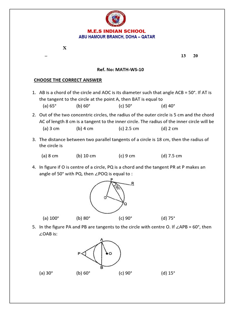 G10 - Math - Worksheet - Circles - 2024-25 | PDF | Circle | Angle
