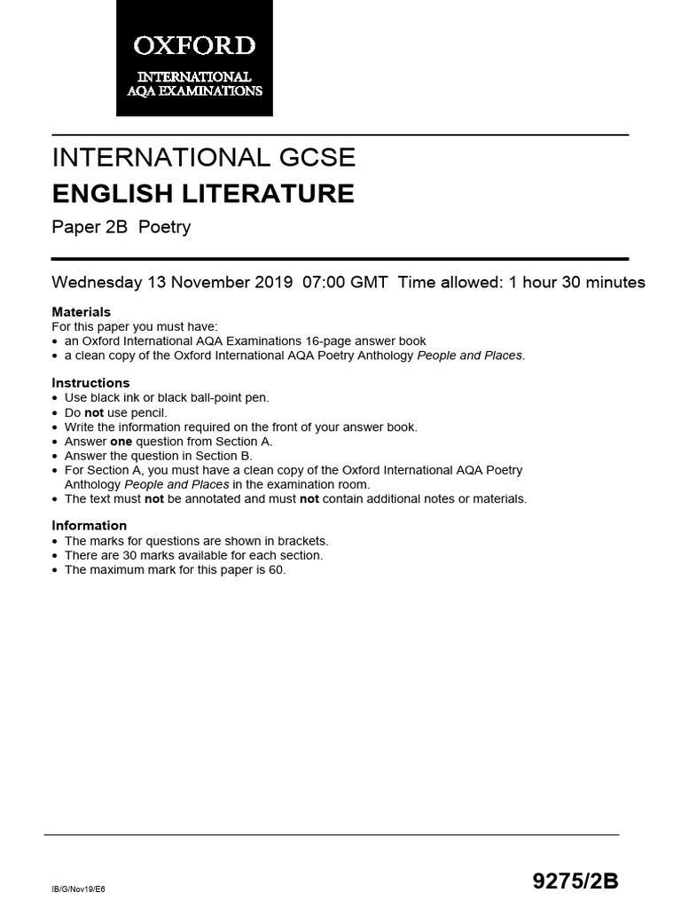 English Literature Question Paper 2b Nov19 | PDF