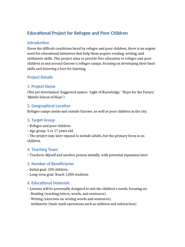 Educational Project For Refugee and Poor Children | PDF