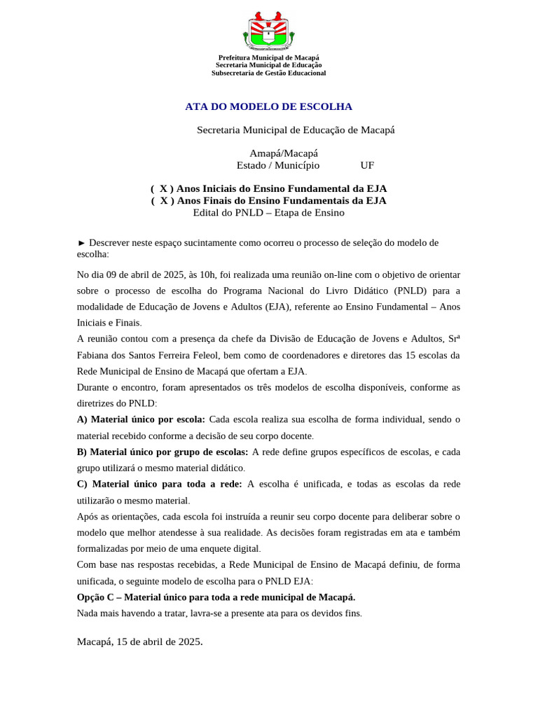Ata Do Modelo de Escolha Do PNLD Eja | PDF | Ensino | Aprendizado