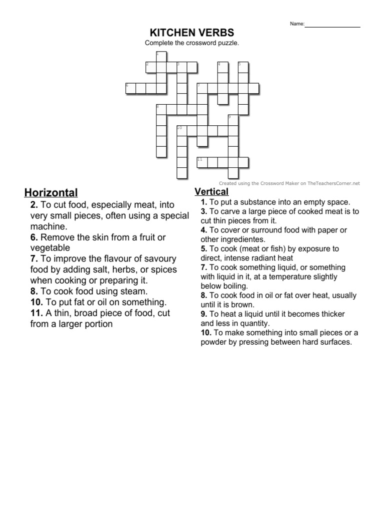 Crossword Kitchen Verbs | PDF