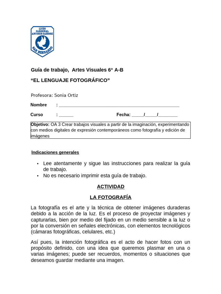 Actividad Artes v. 7 Basico - Lenguaje Fot. | PDF