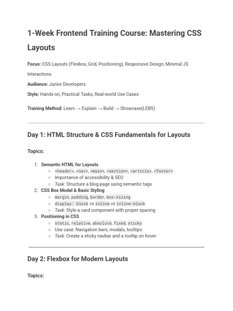 1-Week Frontend Training Course - Mastering CSS Layouts | PDF | Responsive Web Design | Web ...