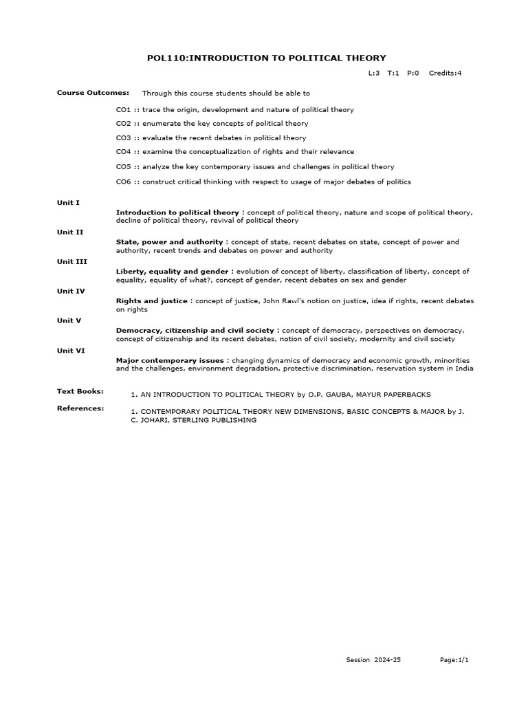 Pol110 - Introduction To Political Theory | PDF