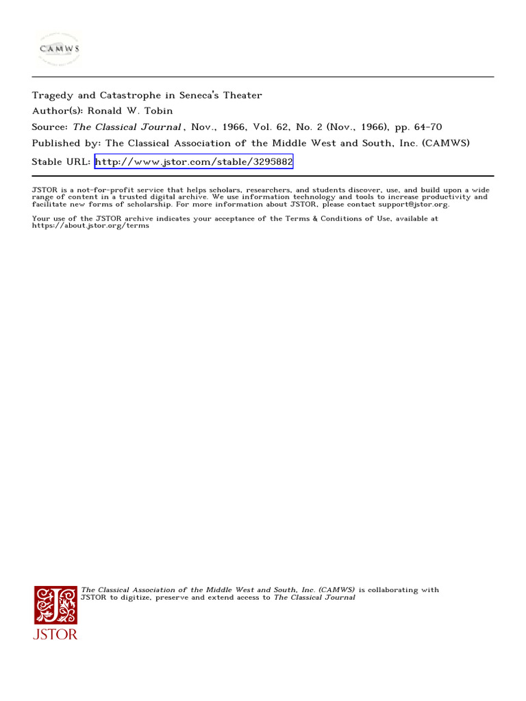 Tobin - Tragedy Catastrophe Senecas - 1966 | PDF | Agamemnon | Clytemnestra