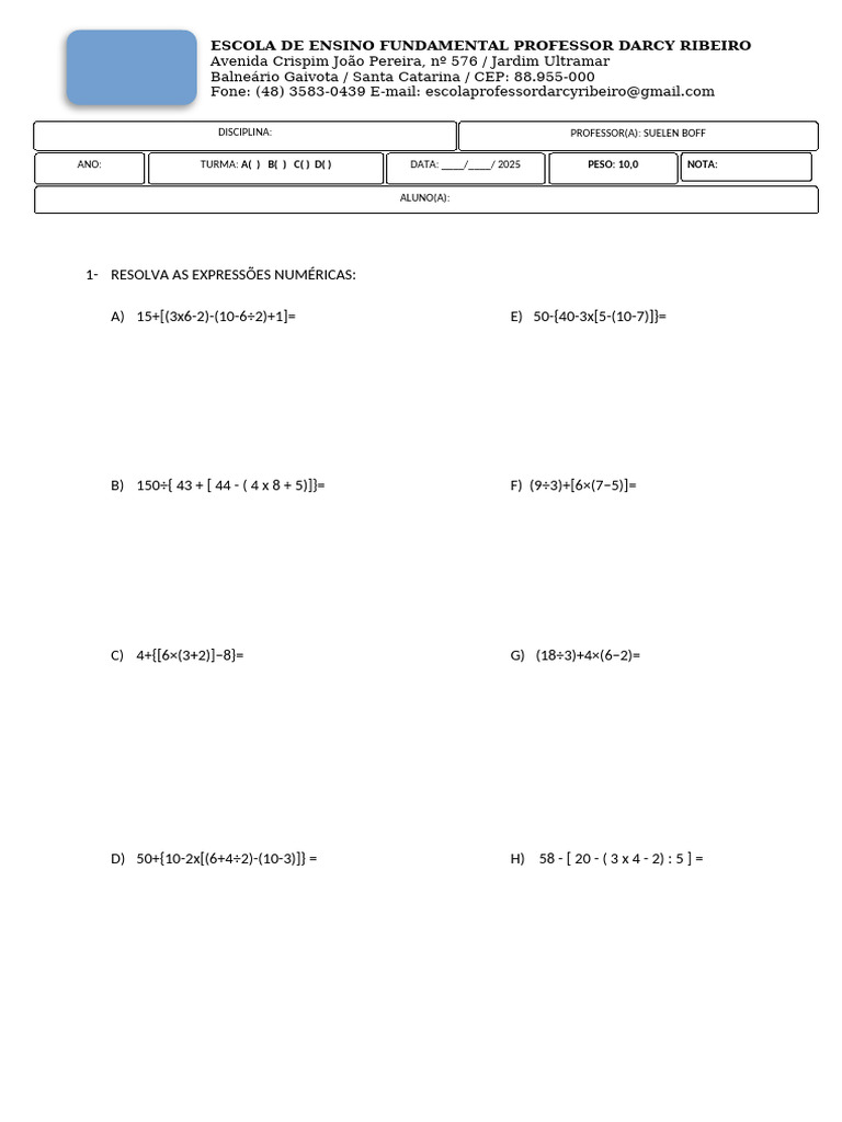 Exercícios de Expressões Numéricas | PDF