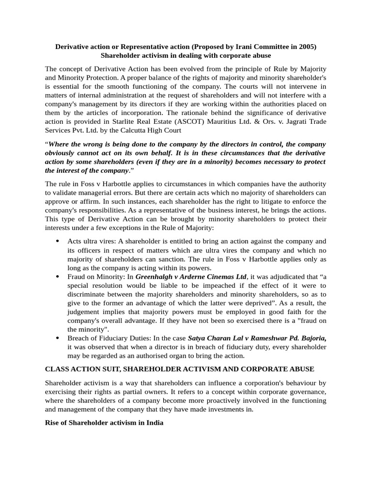 Derivative Action or Representative Action | PDF | Securities (Finance ...