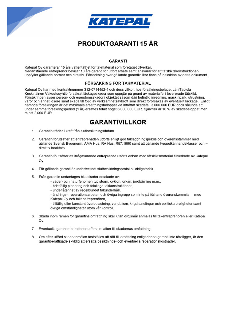 15 Års Produktgaranti Villkor | PDF