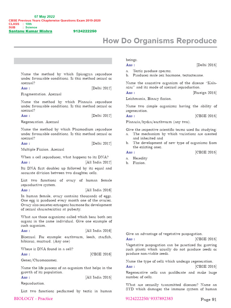 Class-X Biology How Do Organisms Reproduce | PDF | Reproduction ...