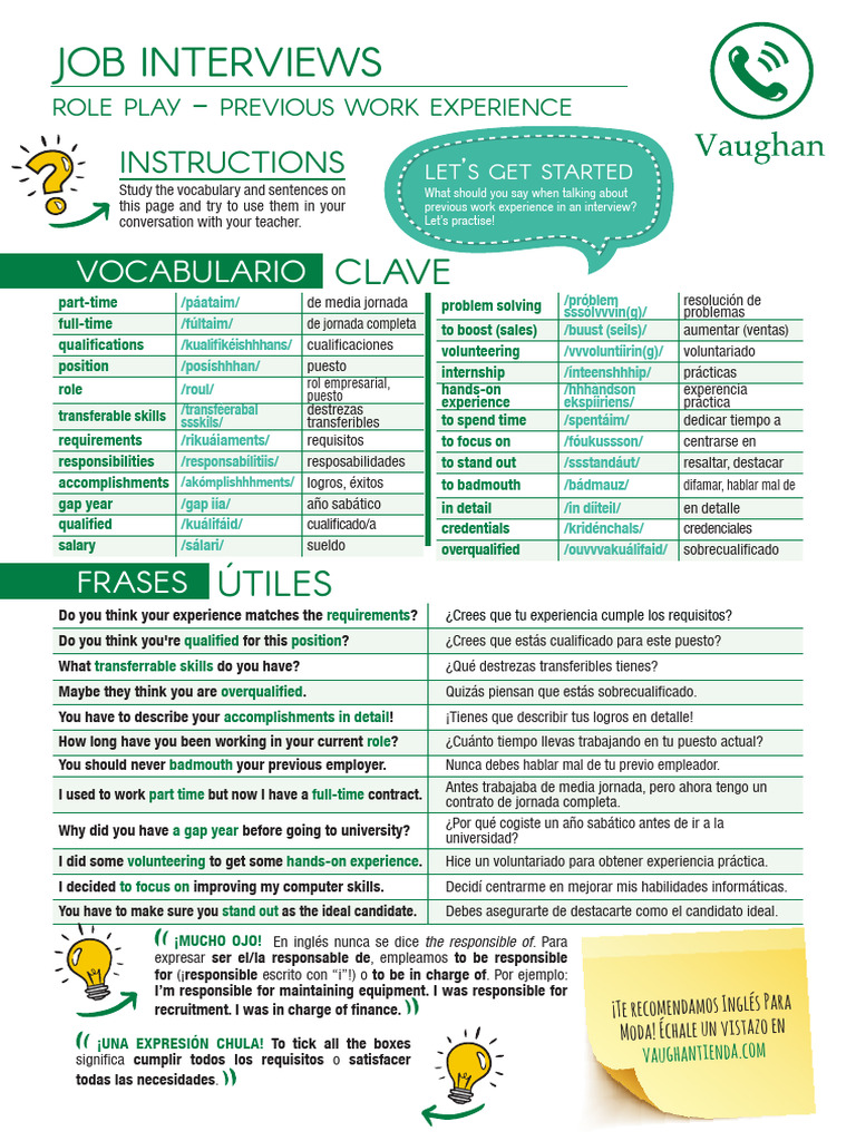 Role Play Job Interviews Previous Work Experience | PDF