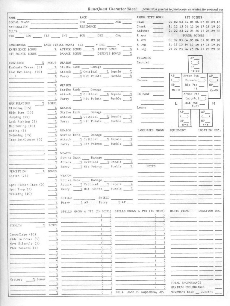 RuneQuest Game Aid - Character Sheet | PDF