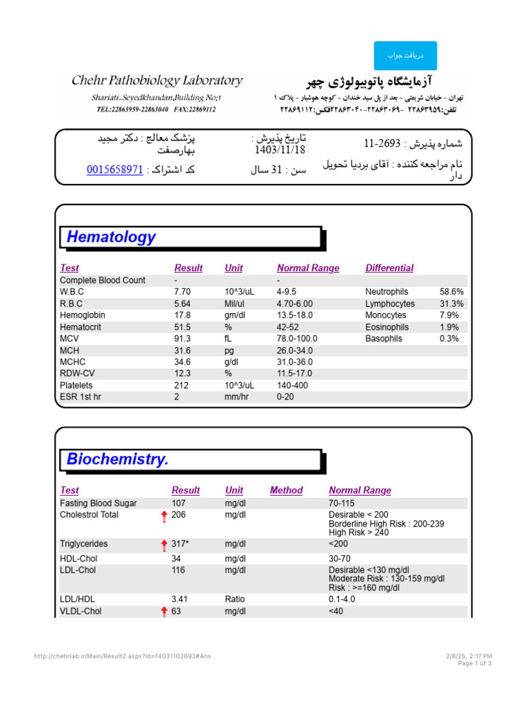 ازمایش بردیا بهمن ۱۴۰۳ | PDF | Tissue (Biology) | Hematology
