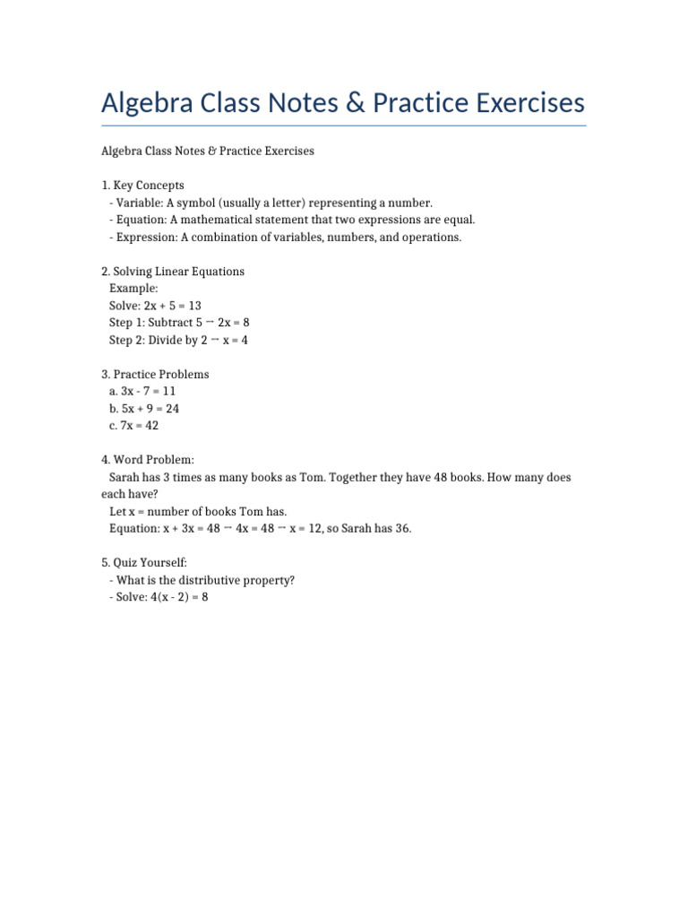 Algebra Class Notes and Exercises | PDF