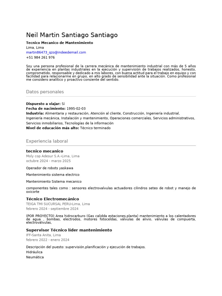 CV Neil Martin Santiago Santiago | PDF | Ingeniería mecánica