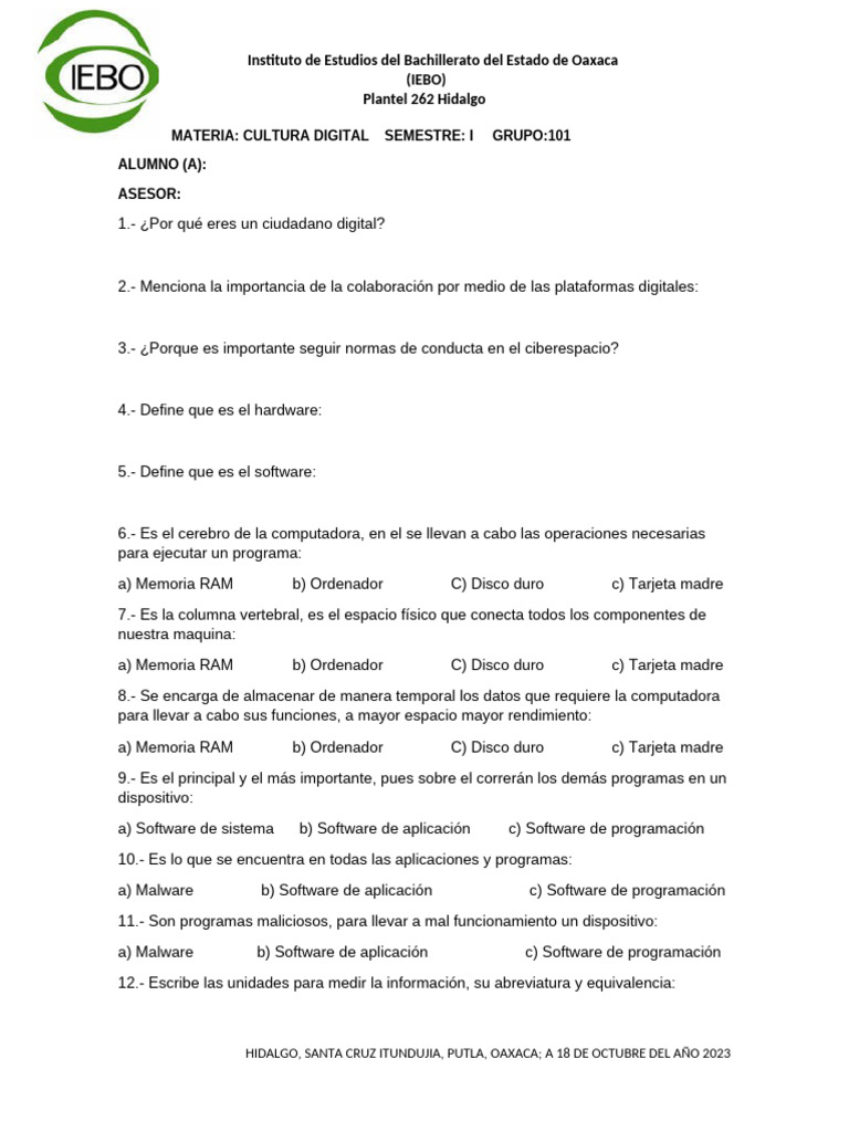 EXAMEN CUL DIG BL 2 - | PDF | Hardware de la computadora | Almacenamiento de datos de la computadora