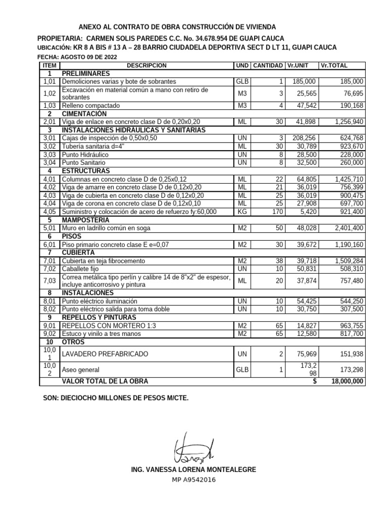 Anexo Contrato Obra Vivienda Guapi | PDF | Materiales de construcción ...