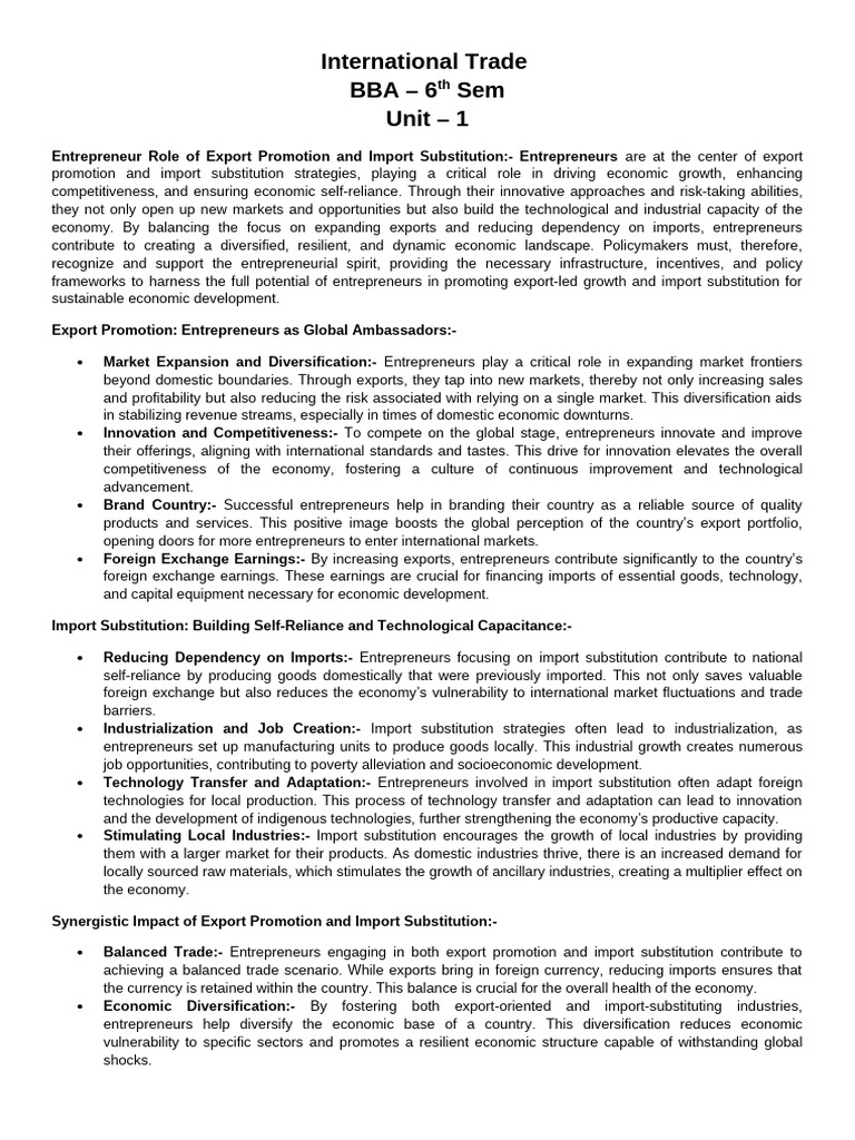 International Trade Unit 4 (1) | PDF | Entrepreneurship | Exports