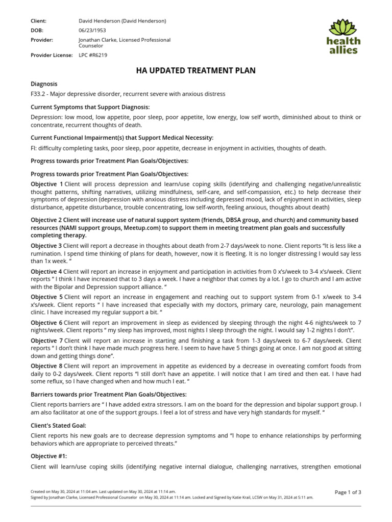 Ha Updated Treatment Plan | PDF | Major Depressive Disorder | Cognitive ...