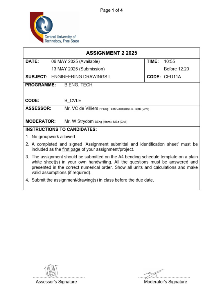 Engineering Drawings I Assignment 2025 | PDF | Civil Engineering ...