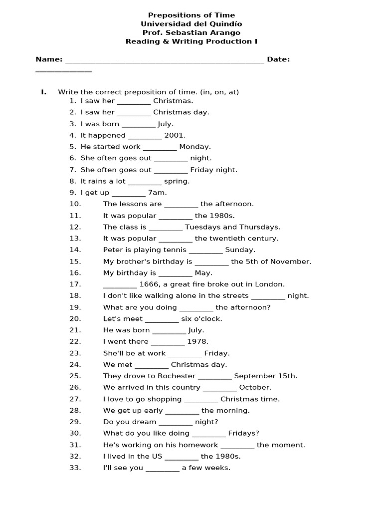 Prepositions of Time Worksheet | PDF | Workweek And Weekend