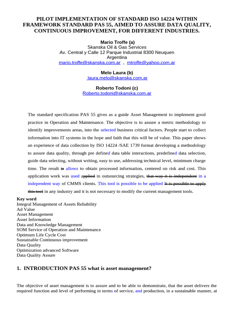 Implementation Standard Iso 14224 Within Framework Pas 55 Rev 2 | PDF | Risk | Reliability ...