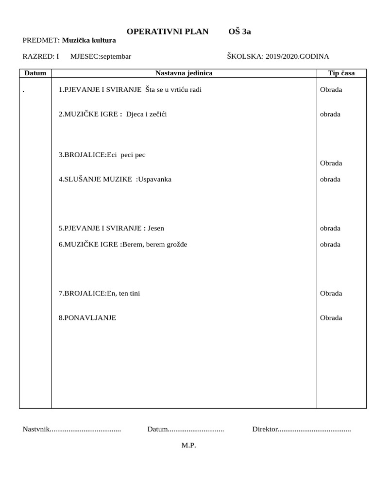Operativni Plan Oš 3A:: Muzička Kultura | PDF
