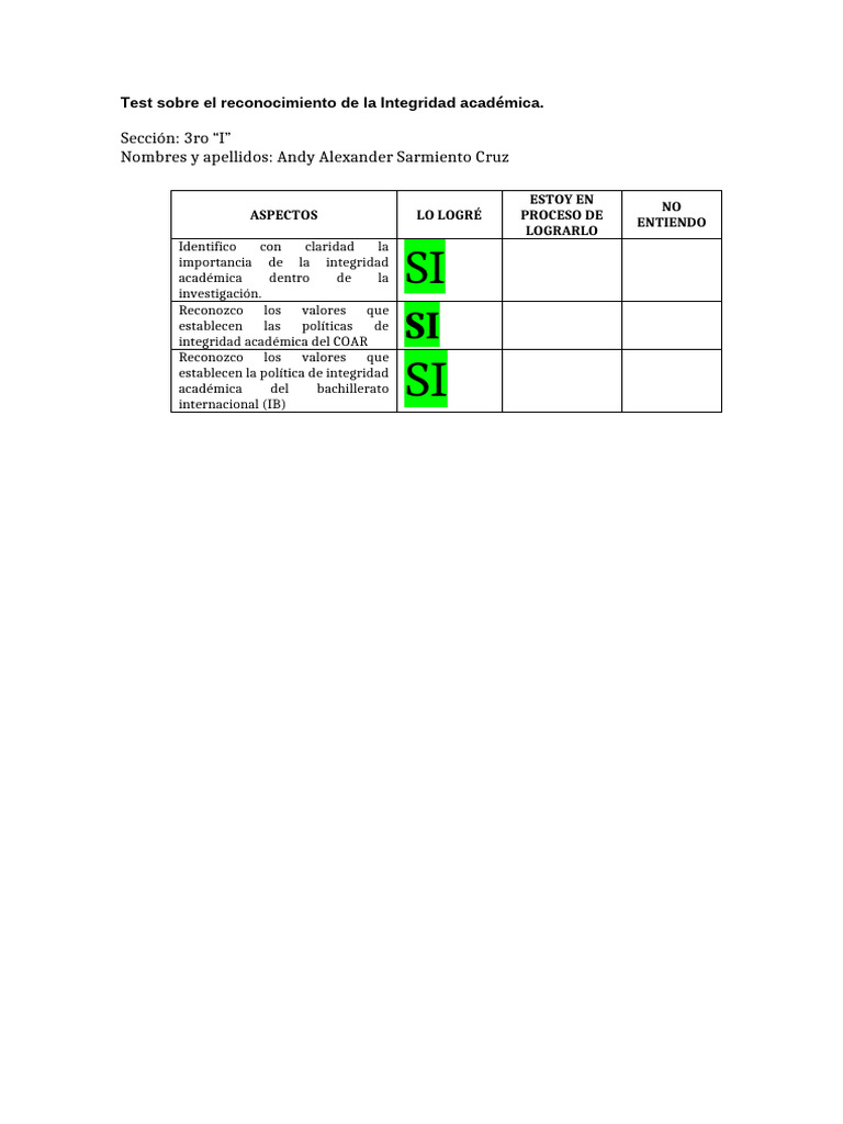Andy Alexander Sarmiento Cruz - Test - Integridad Academica | PDF