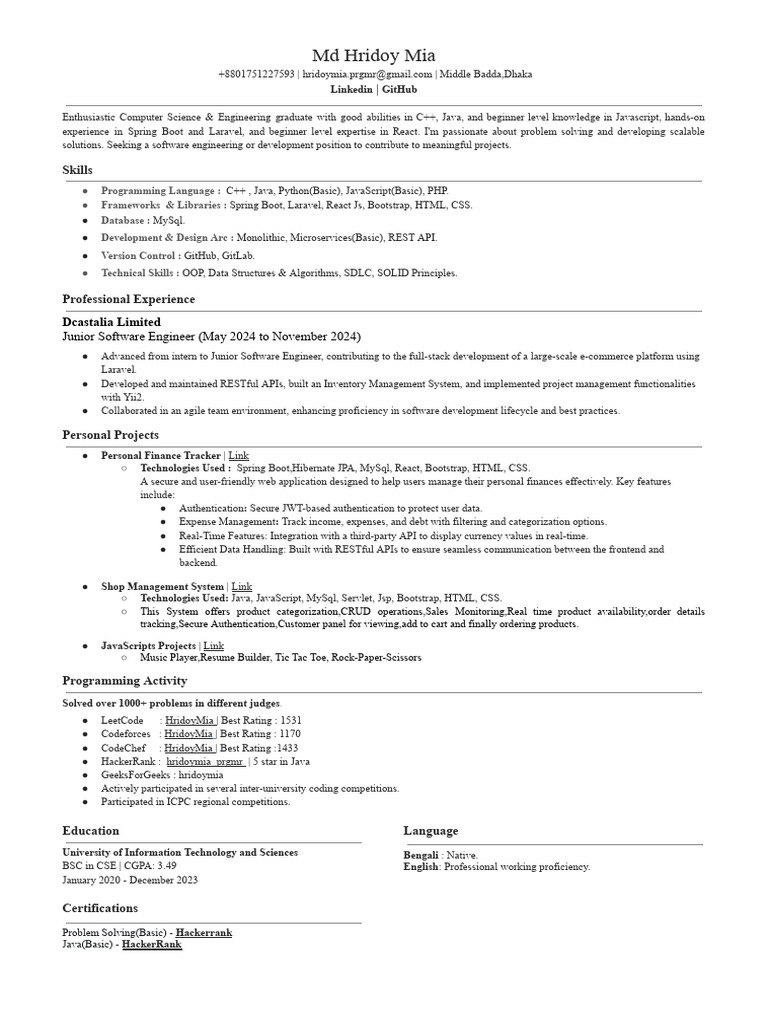 Md Hridoy Mia_Resume.pdf | PDF | Bootstrap (Front End Framework) | Java (Programming Language)