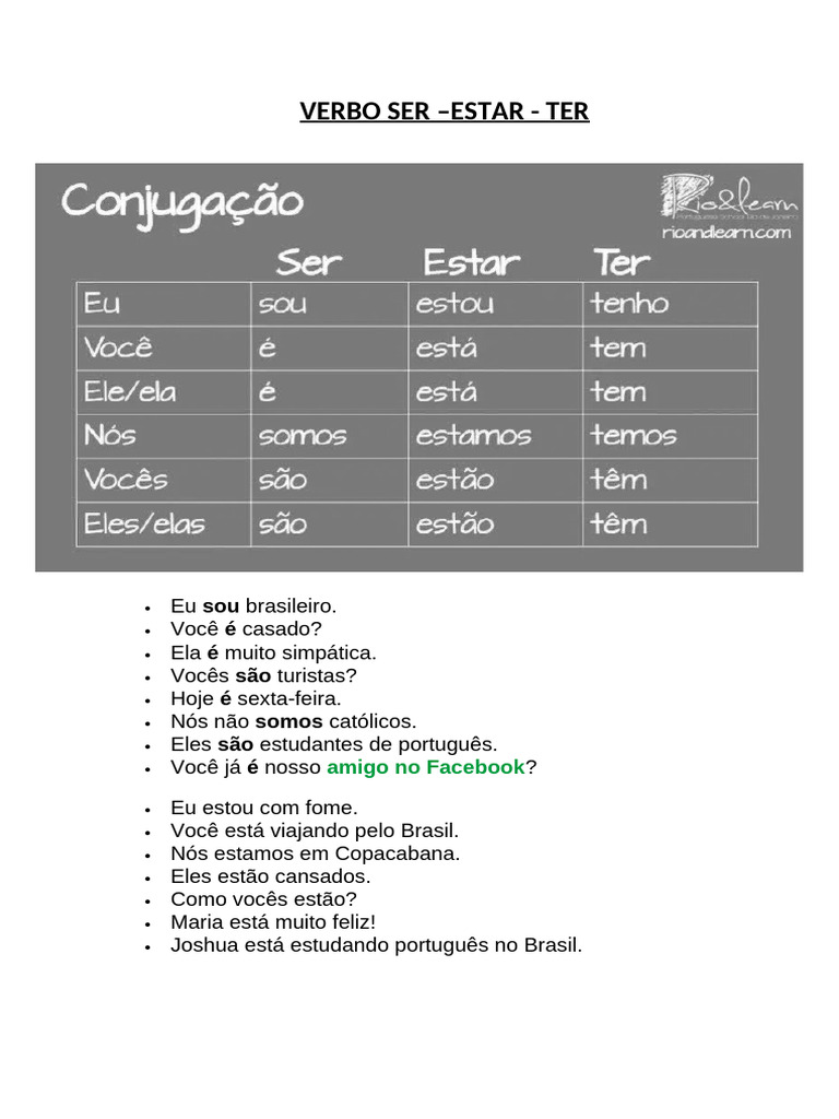 PORTUGUES - VERBO - SER - TER - ESTAR María Clara Landete | PDF